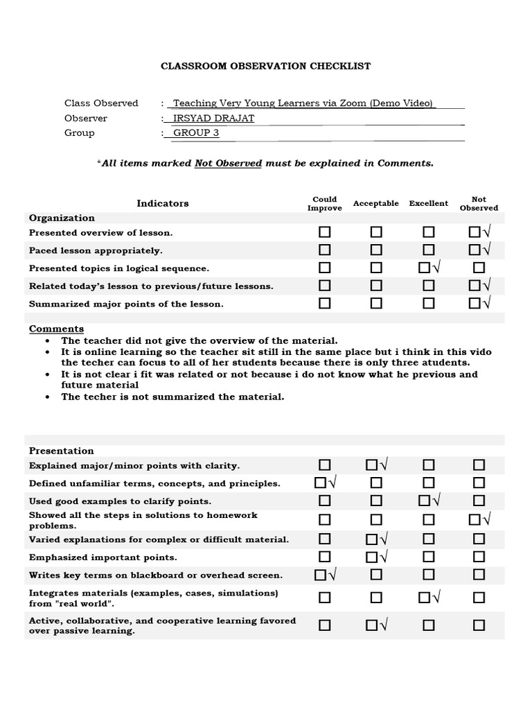 Classroom Observation Checklist - Eyl | PDF | Question | Teachers