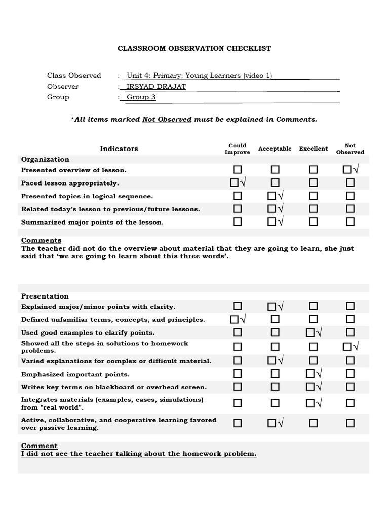Classroom Observation Checklist - Eyl | PDF | Question | Teachers