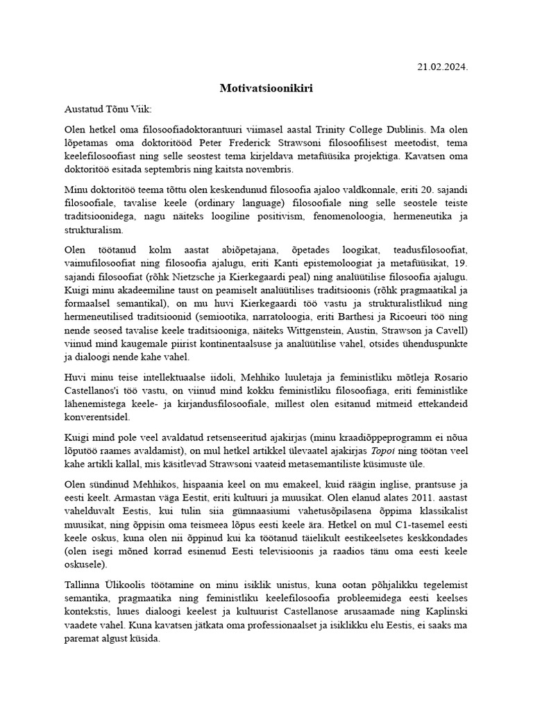 Tallinna Ülikooli Motivatsioonikiri | PDF