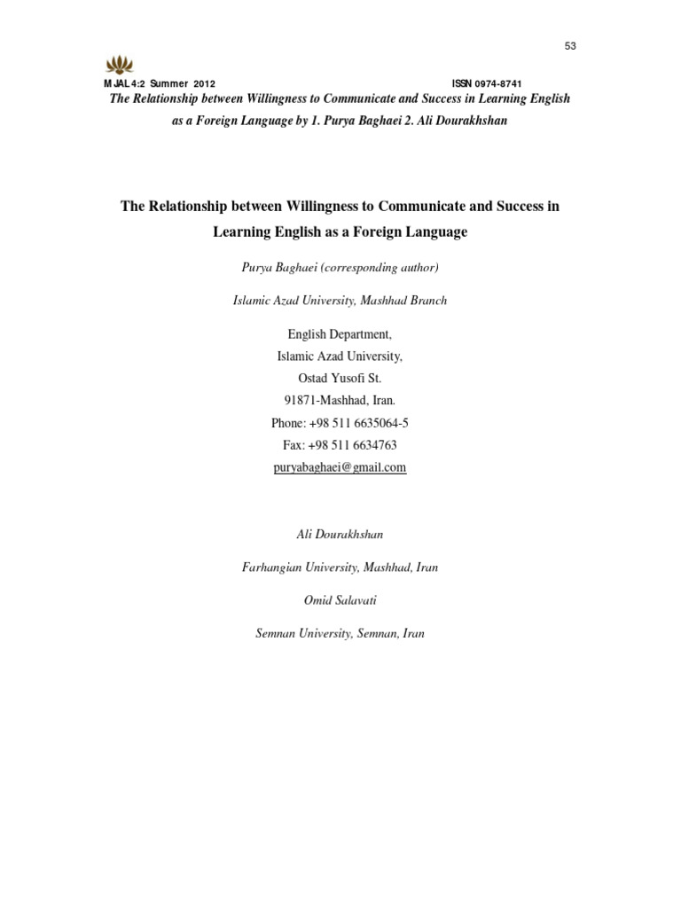 The Relationship Between Willingness To Communicate and Success in Learning English As A Foreign ...