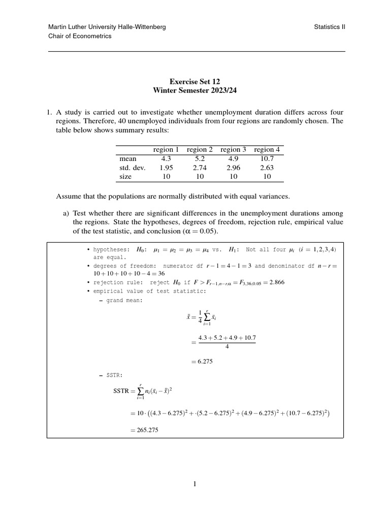 12 Stat2 Exercise Set 12 Solutions | PDF | Degrees Of Freedom (Statistics) | Hypothesis