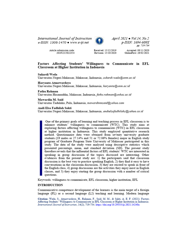 Variables Influencing WTC Among Indonesian EFL Learners | PDF | English As A Second Or Foreign ...