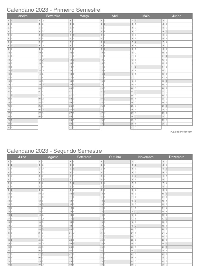Calendário Semestral 2023 | PDF