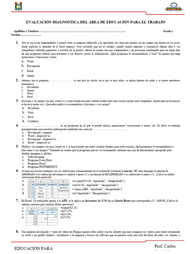 Evaluacion Diagnostica de Ept Diego Ferre | PDF | Microsoft Excel | Microsoft PowerPoint