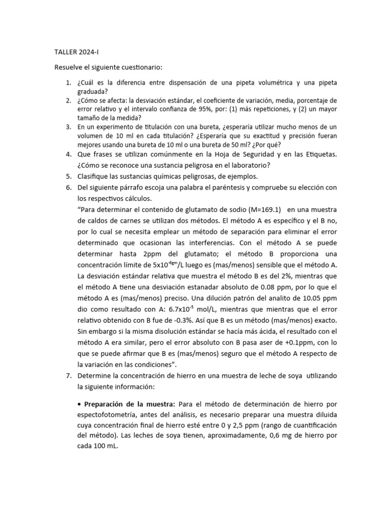 Taller Analisis De Alimentos Pdf Concentración Valoración