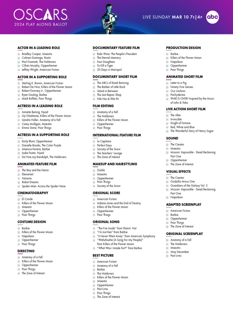 Oscars Ballot 2024 | PDF