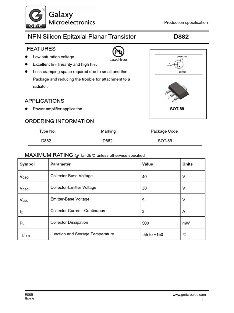 NPN Silicon Epitaxial Planar Transistor D882 | PDF | Bipolar Junction Transistor | Manufactured ...