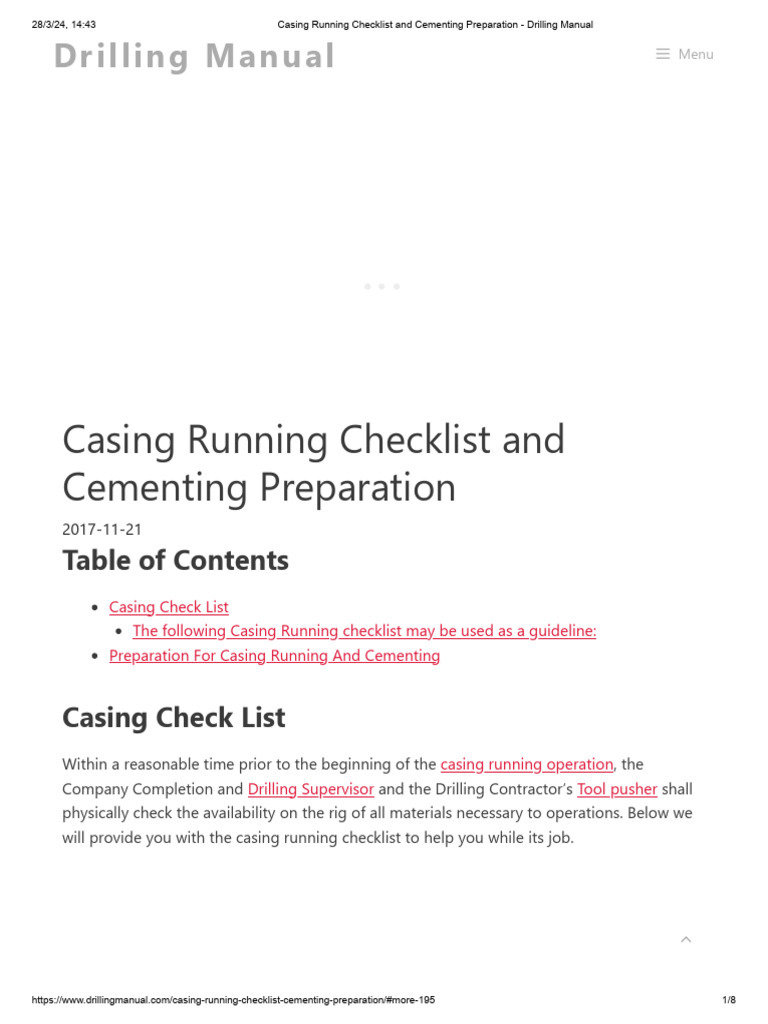 Casing Running Checklist and Cementing Preparation - Drilling Manual ...