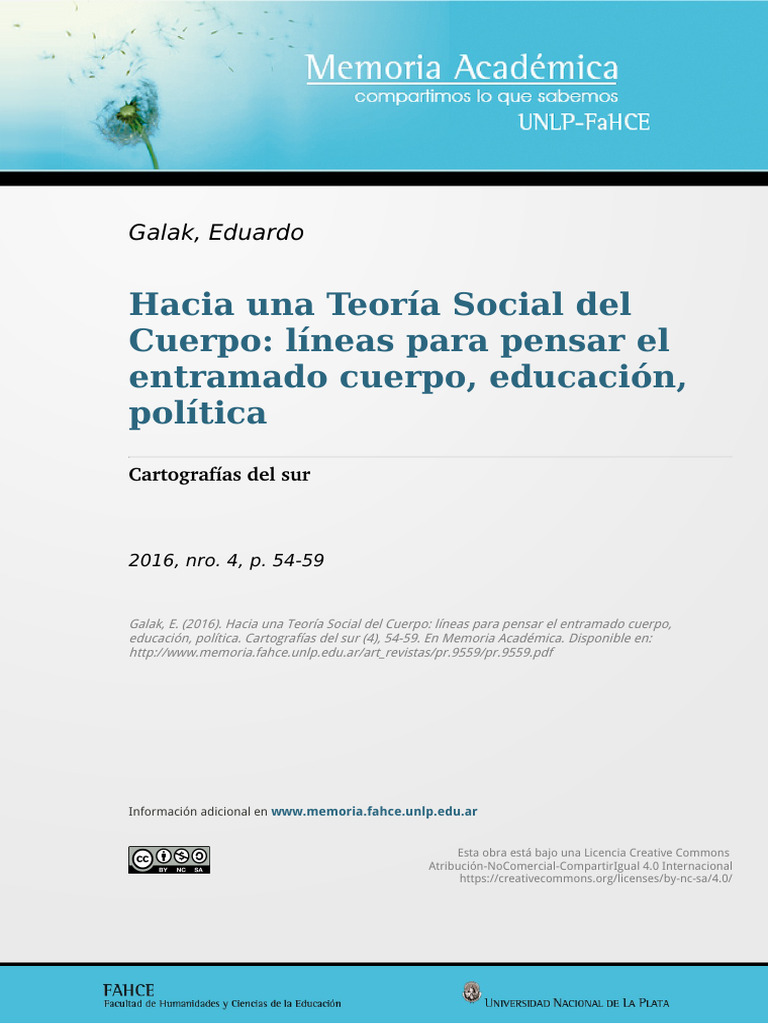 Galak Eduardo Hacia Una Teoría Social Del Cuerpo Líneas Para Pensar