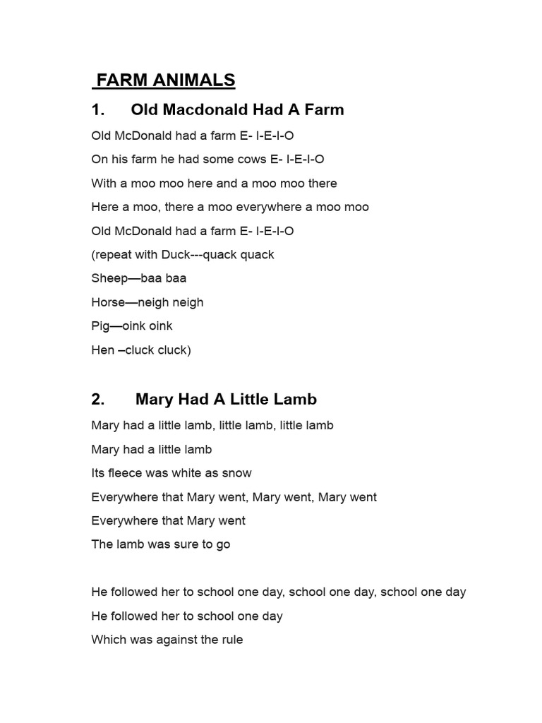 Mary Had a Little Lamb Lyrics | PDF | Old Mac Donald Had A Farm ...