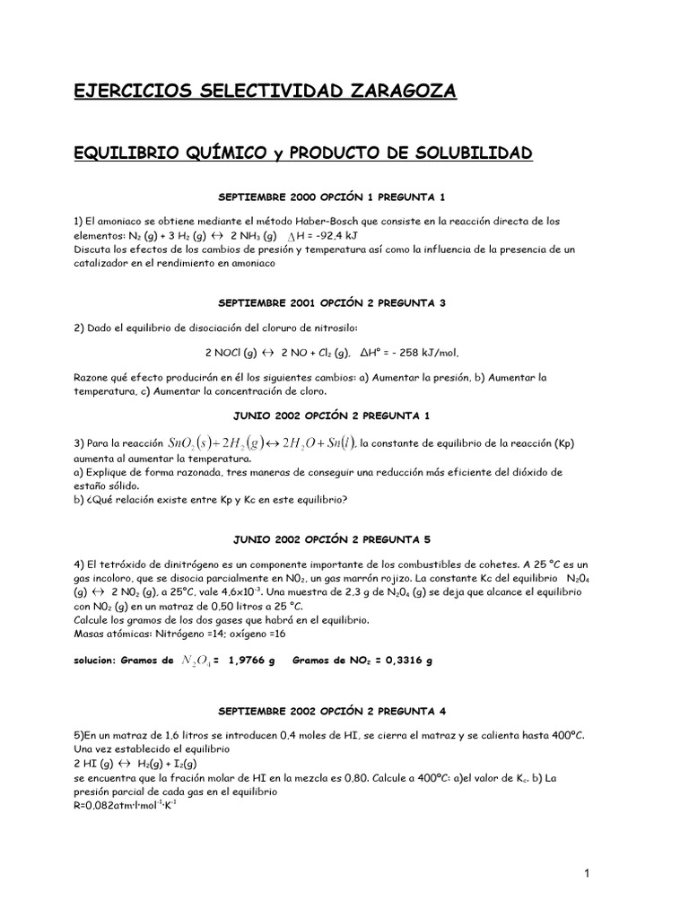 Equilibrio Químico y Solubilidad | Descargar gratis PDF | Equilibrio químico | Solubilidad