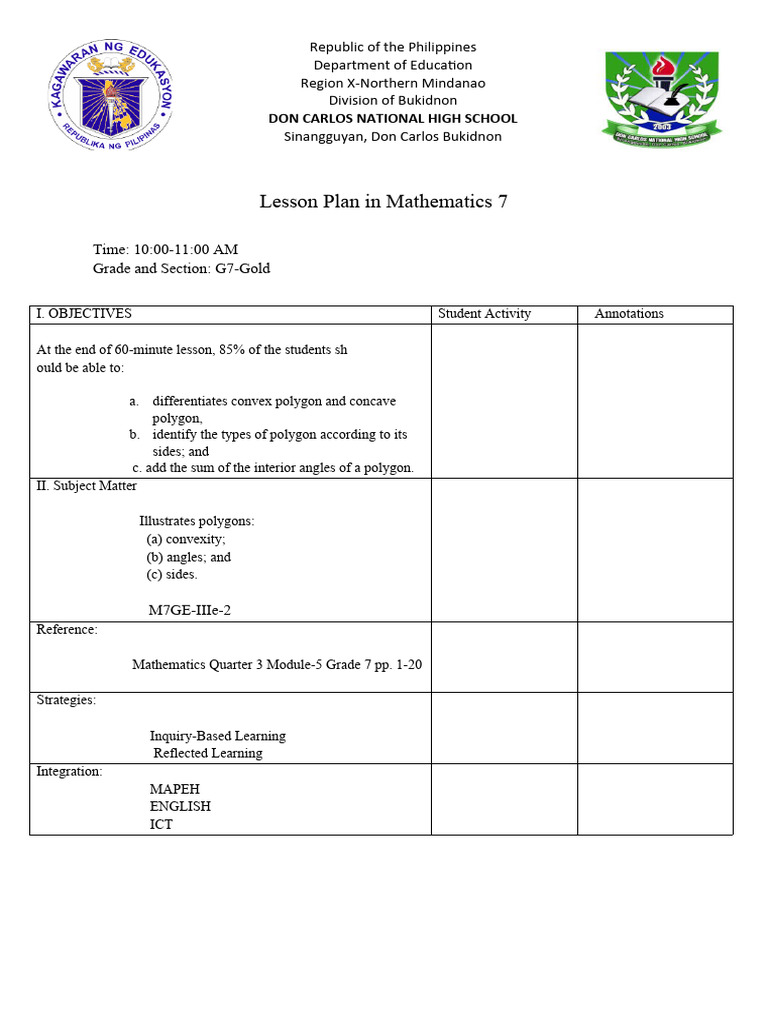 Lesson Plan in Mathematics 7: Don Carlos National High School | PDF ...