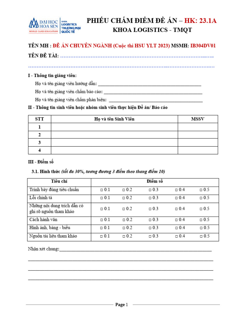 05 - Phieu Cham Diem BC. ĐACN-HK 2331 | PDF