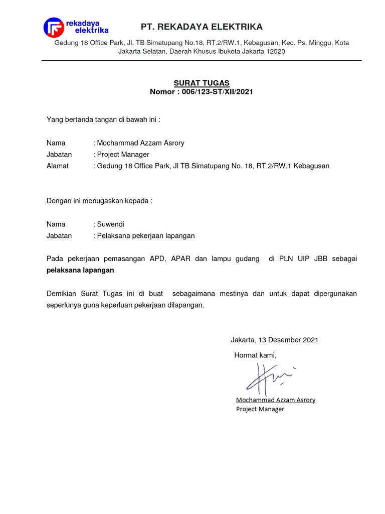 Surat Tugas Pemasangan APD di PLN | PDF
