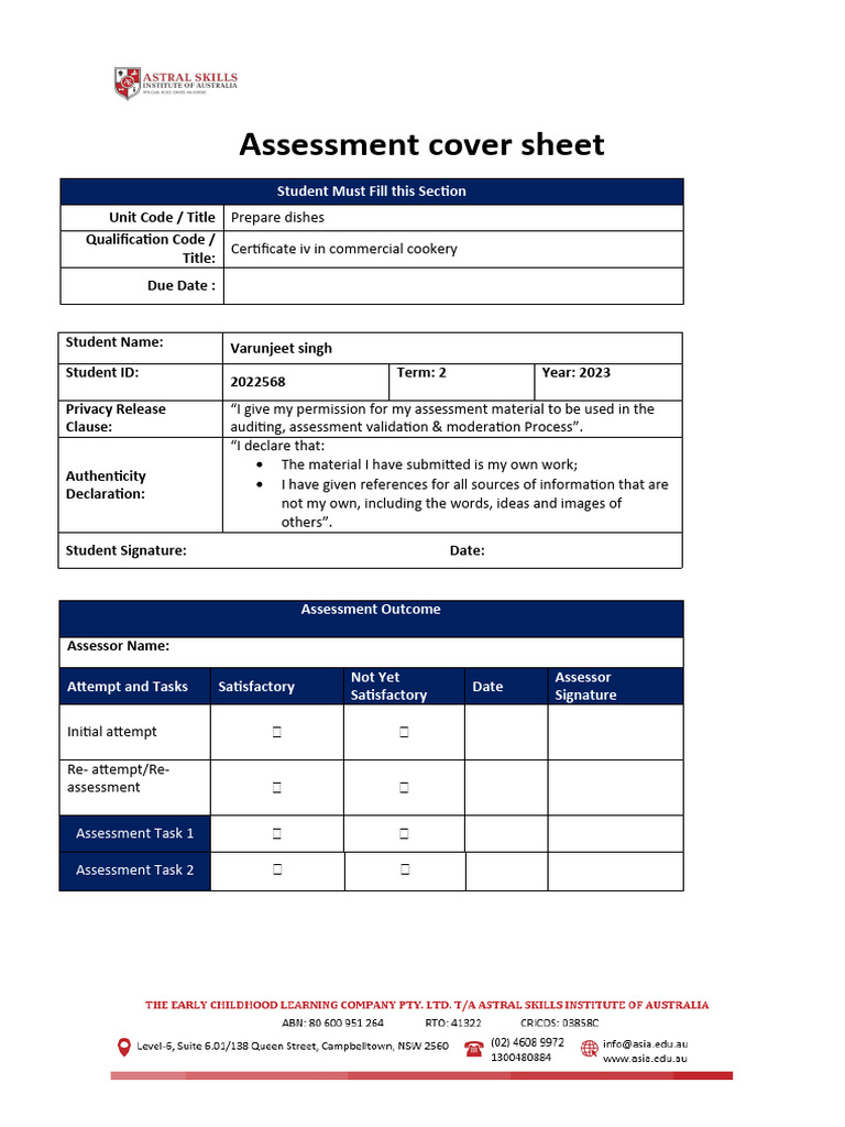 Assessment Cover Sheet for Cookery Unit | PDF | Cooking | Grilling