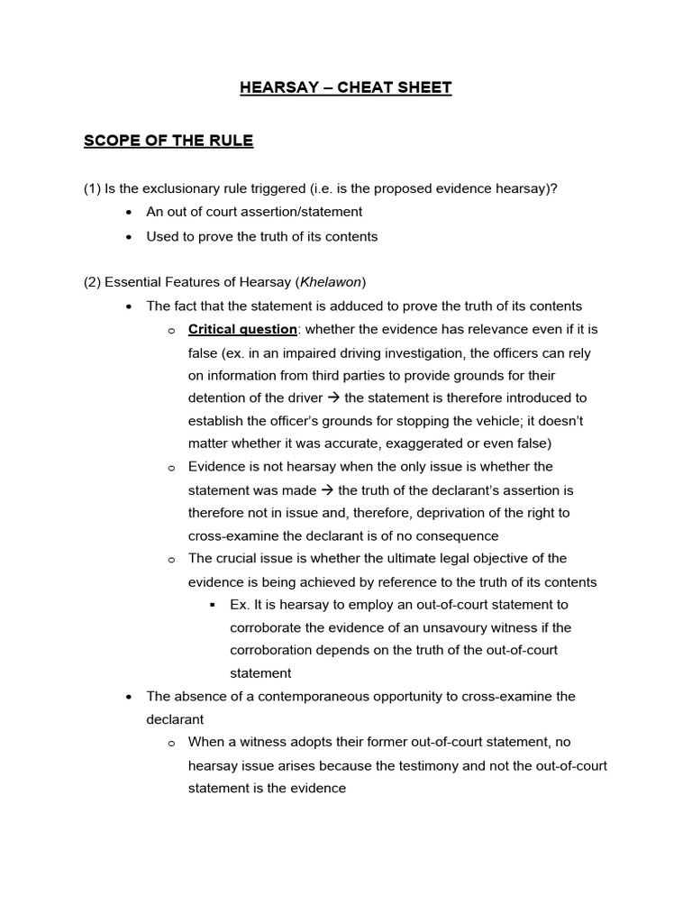 Hearsay Evidence Cheat Sheet Guide | PDF | Hearsay | Witness