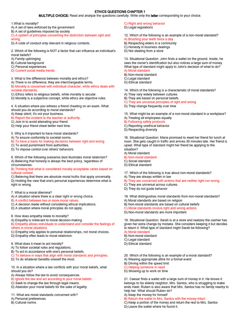 Ethics Questions for Students: Chapter 1 | PDF | Morality | Social ...