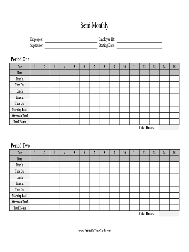 Semi-Monthly Employee Time Card | PDF