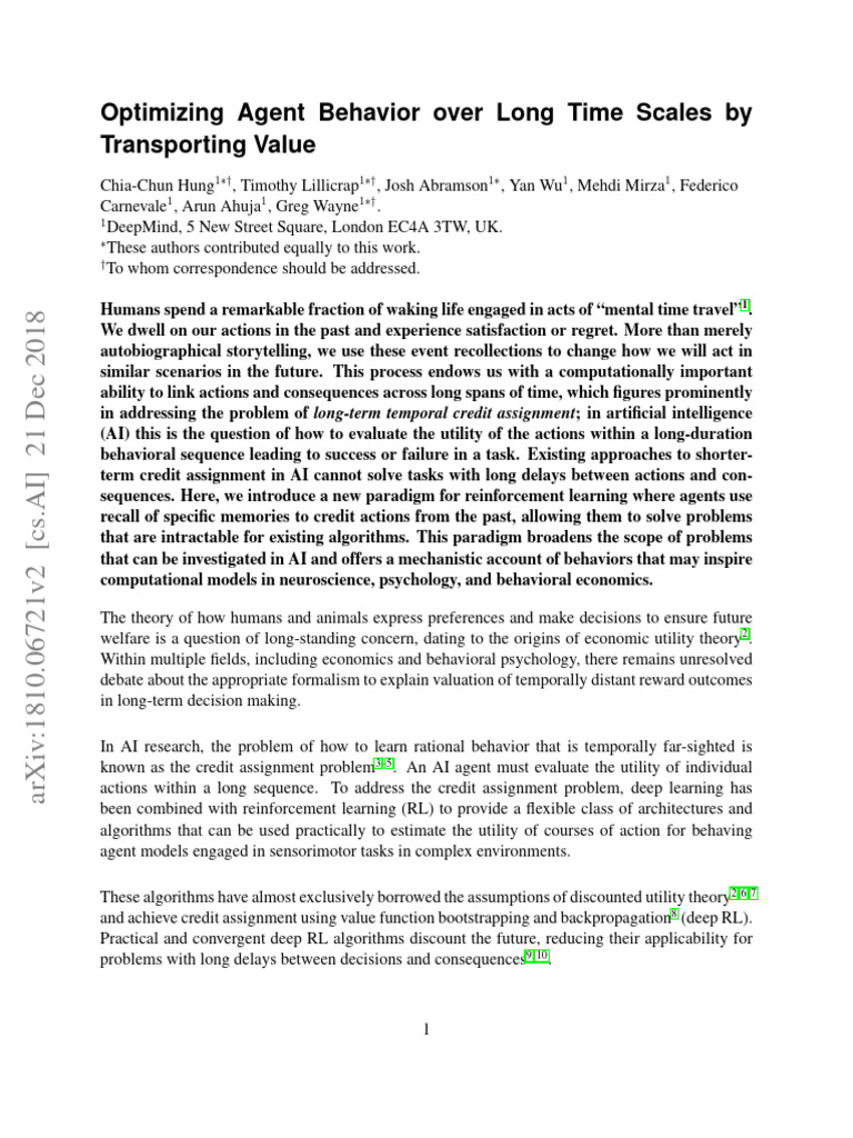 Optimizing Agent Behavior Over Long Time Scales by Transporting Value ...