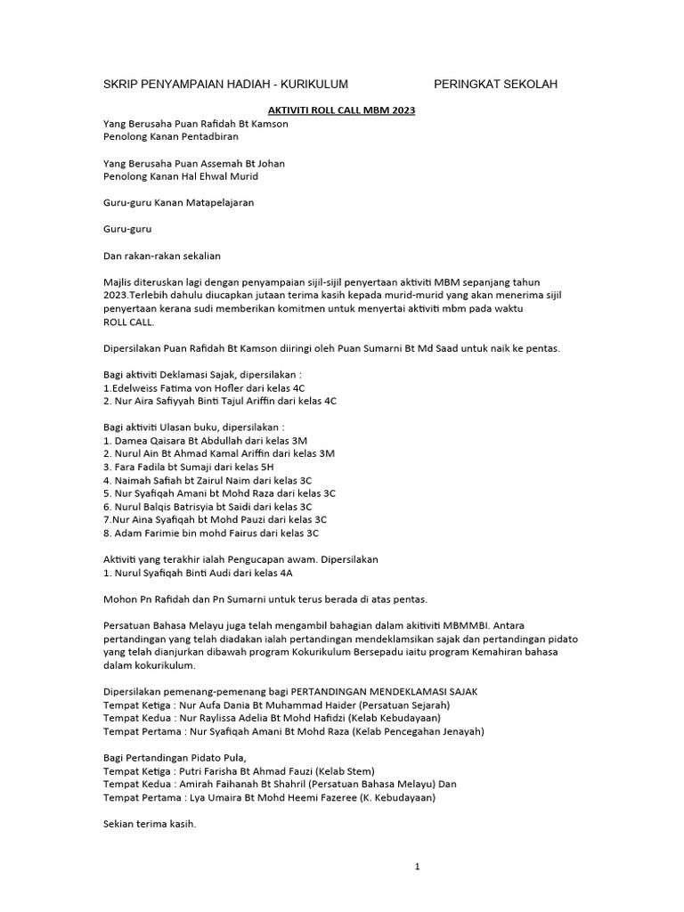 Skrip Penyampaian Hadiah (11 DIS 2023) | PDF