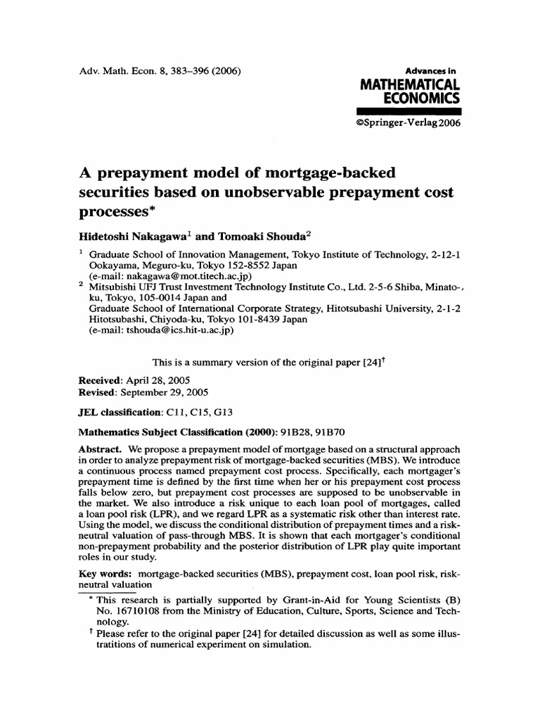 A Prepayment Model of Mortgagebacked Securities Based On Unobser | PDF ...
