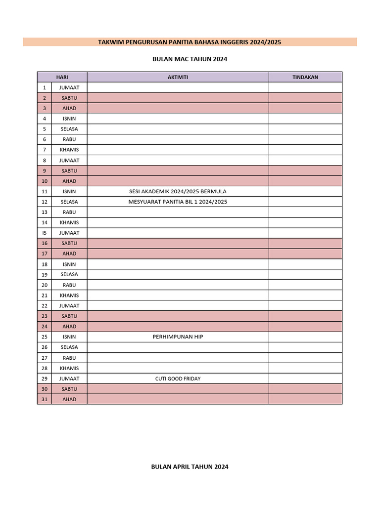 Takwim Panitia Bahasa Inggeris 2024/2025 | PDF