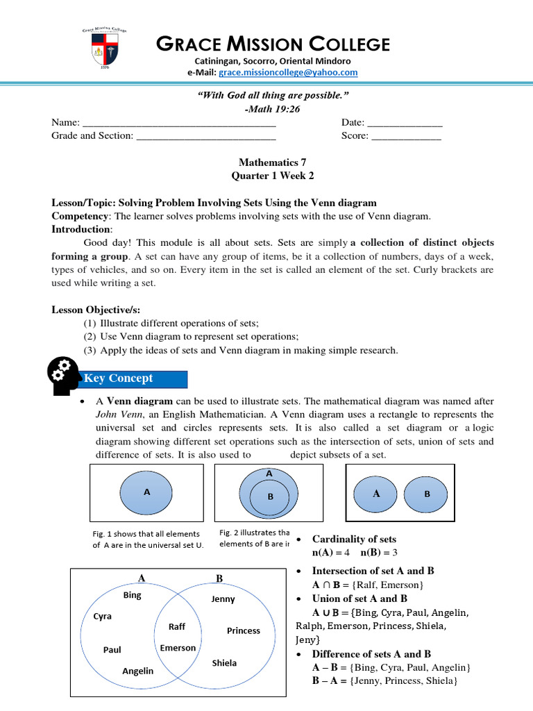 Q1W1 MATH7 Learning Activity Sheet2 | PDF | Set (Mathematics) | Mathematics