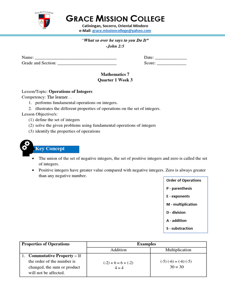 Q1W1 MATH7 Learning Activity Sheet3 | PDF | Integer | Numbers