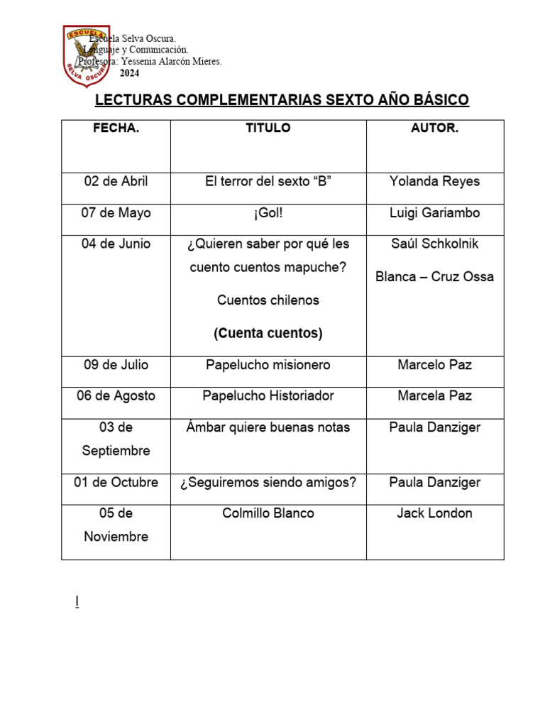 Lecturas Complementarias Sexto Año Básico 2024 | PDF