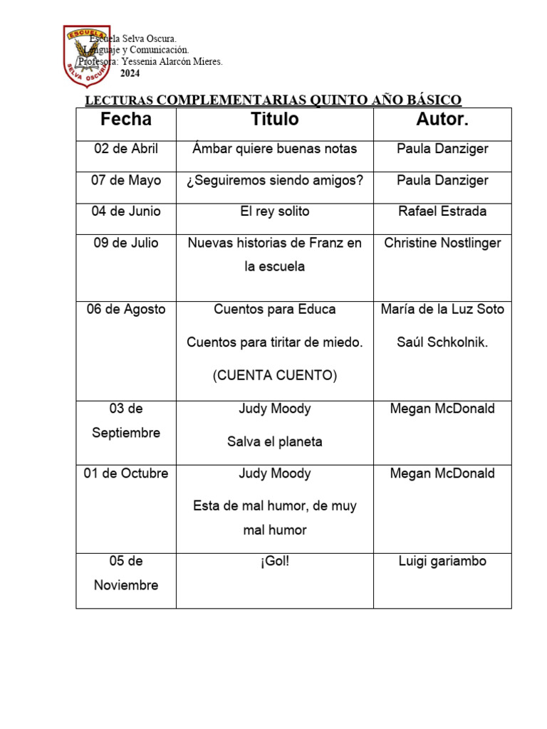 Lecturas Complementarias Quinto Año Básico 2024 | PDF