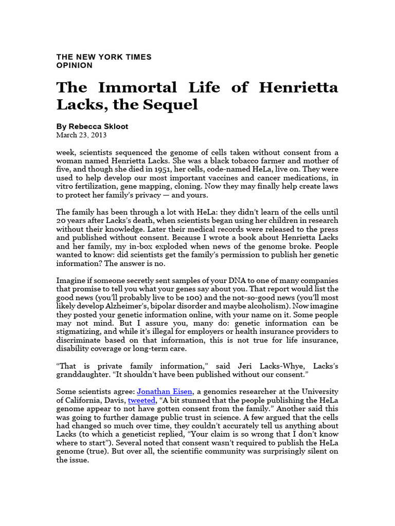 The Immortal Life of Henrietta Lacks, the Sequel | PDF | He La | Informed Consent