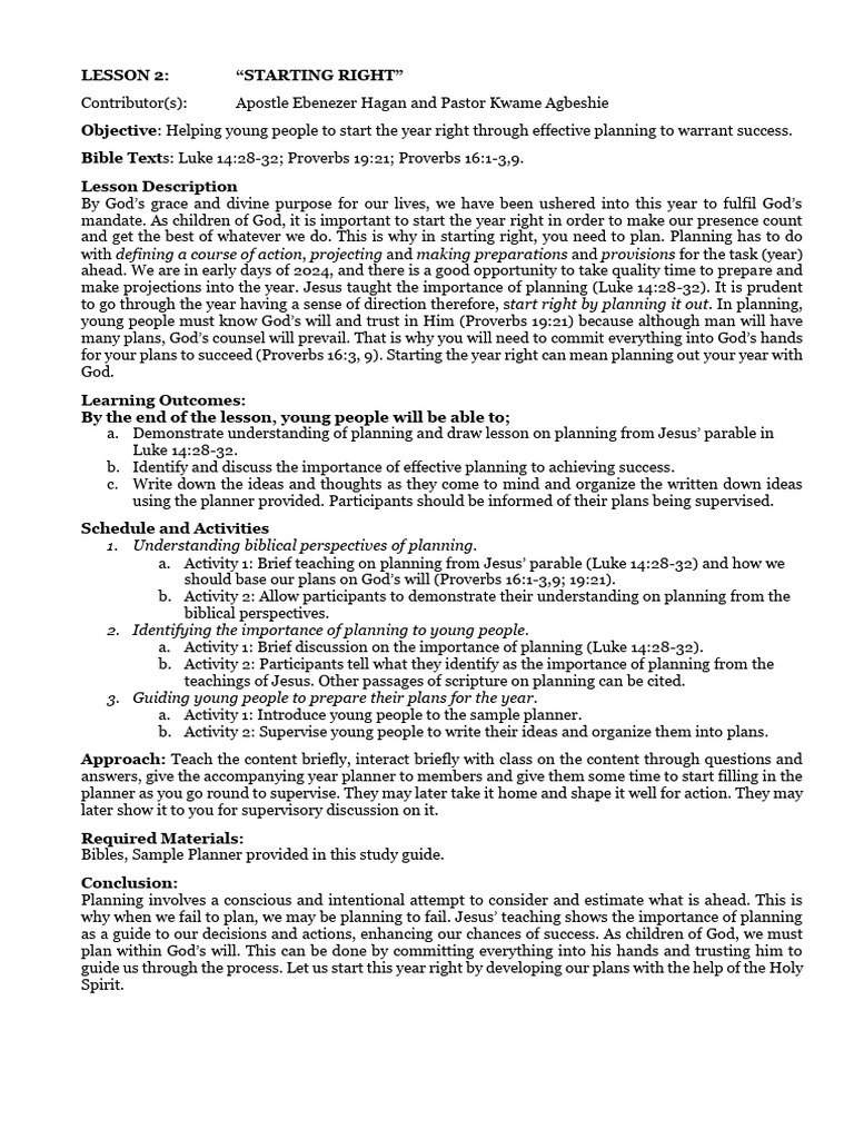 Lesson 2 Starting Right - Youth Syllabus | PDF | Bible | Jesus