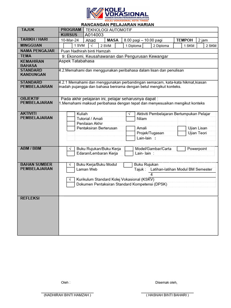 RPH Bahasa Melayu Kolej Vokasional Tahun 2 | PDF | Karier & Perkembangan