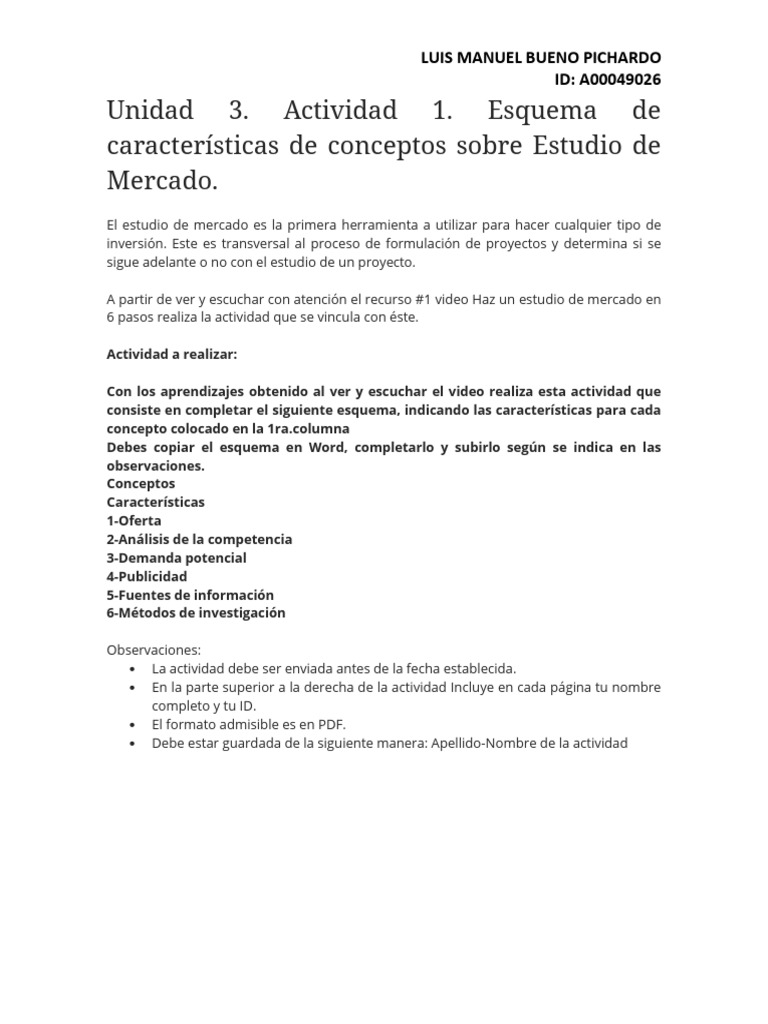 Unidad 3. Actividad 1. Esquema de Características de Conceptos Sobre Estudio de Mercado ...