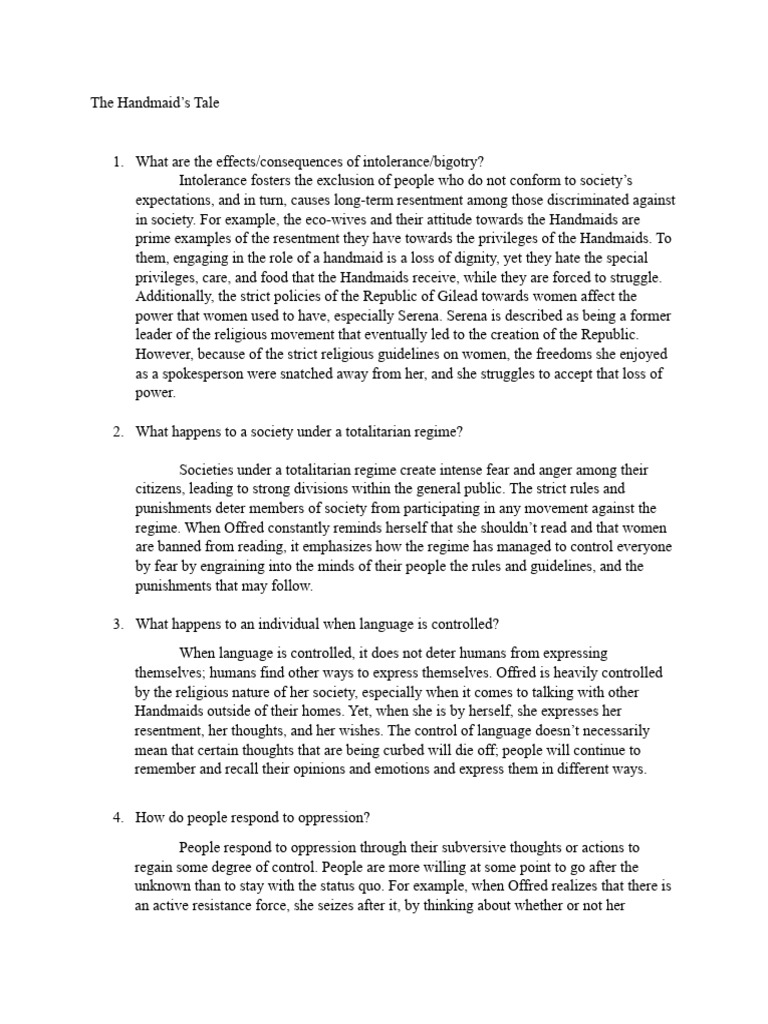The Handmaid Questions | PDF | Social Psychology | Behavioural Sciences