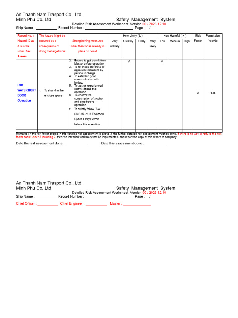 Detailed Risk Assessment Worksheet-WATERTIGHT DOOR Operation | Download ...