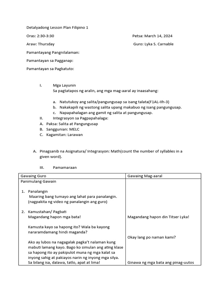 Detalyadong Lesson Plan Sa Filipino 1 | PDF