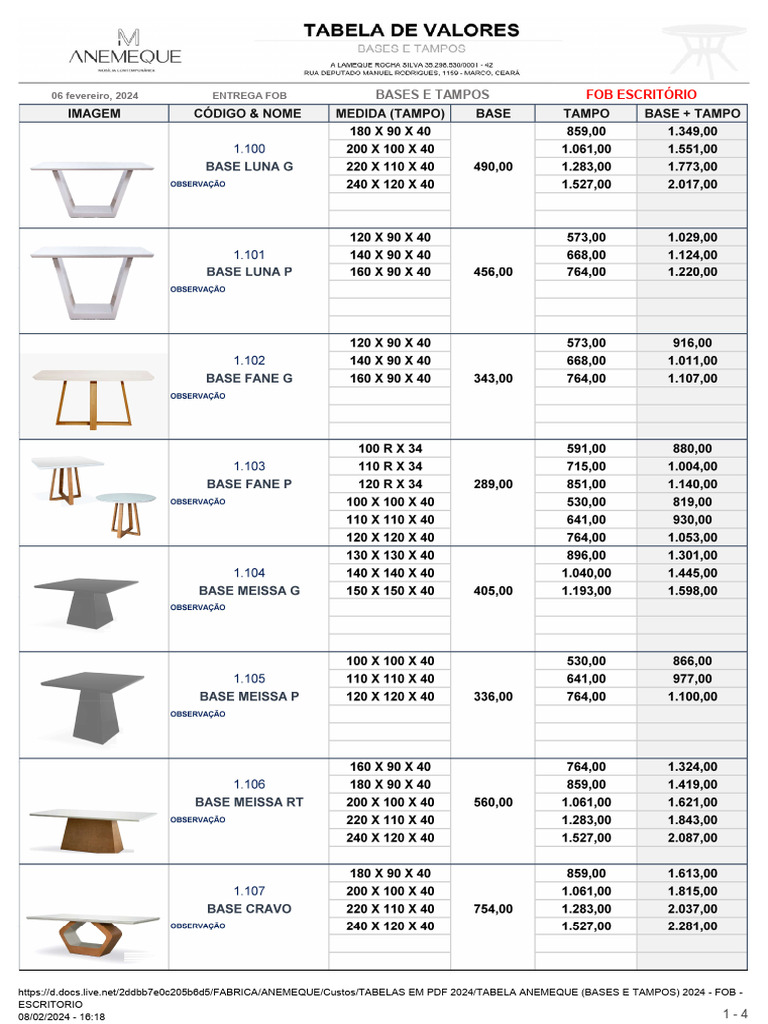 TB de Valores (Bases e Tampos) - Fob Escritório | PDF