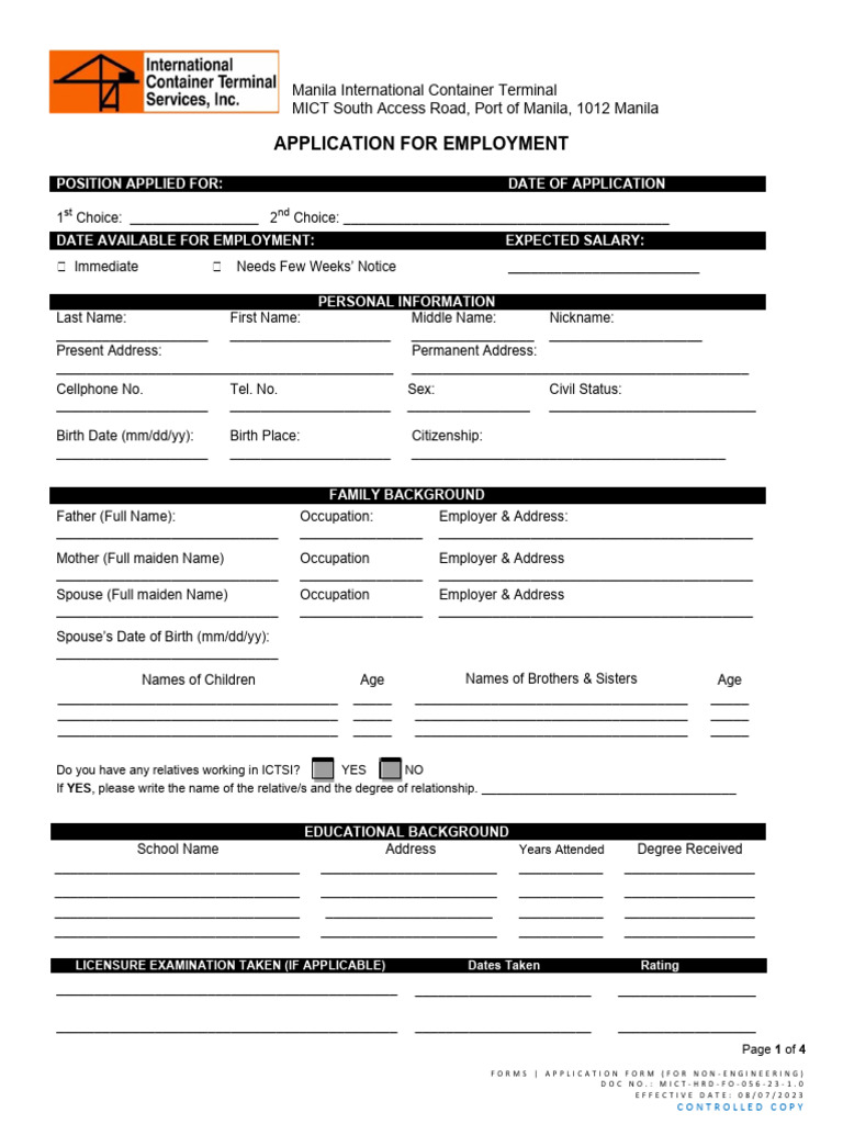 MICT HRD FO 056-23-1.0 Application Form (For Non Engineering) | Download Free PDF | Justice ...