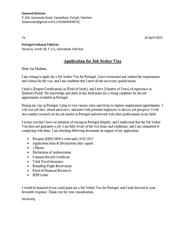 Cover Letter Template For Portugal Job Seeker Visa | PDF