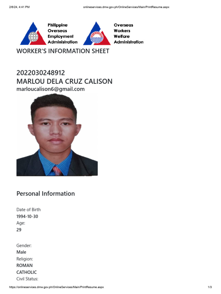 Worker’s Information Sheet for Marlou Calison | PDF