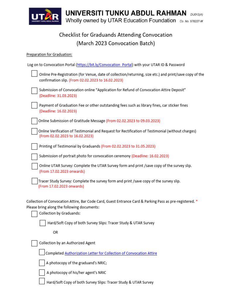 UTAR Convocation - Checklist For Graduands Attending Convocation ...