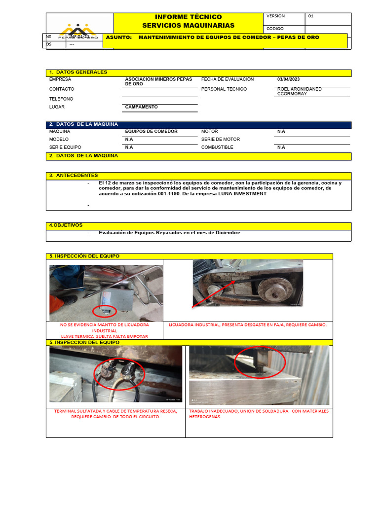 Informe Tecnico #07 - Mantenimiento de Equipos de Comedor - Pepas de Oro | PDF | Estufa de ...