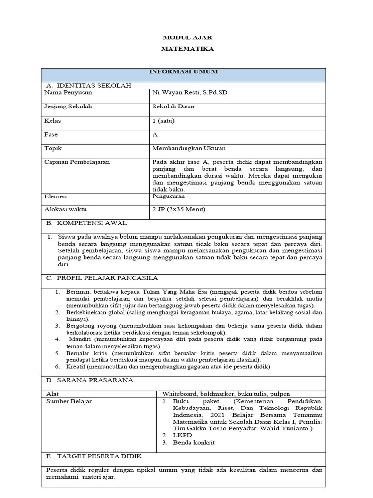 Modul Ajar Kelas 1 - Membandingkan Ukuran | PDF
