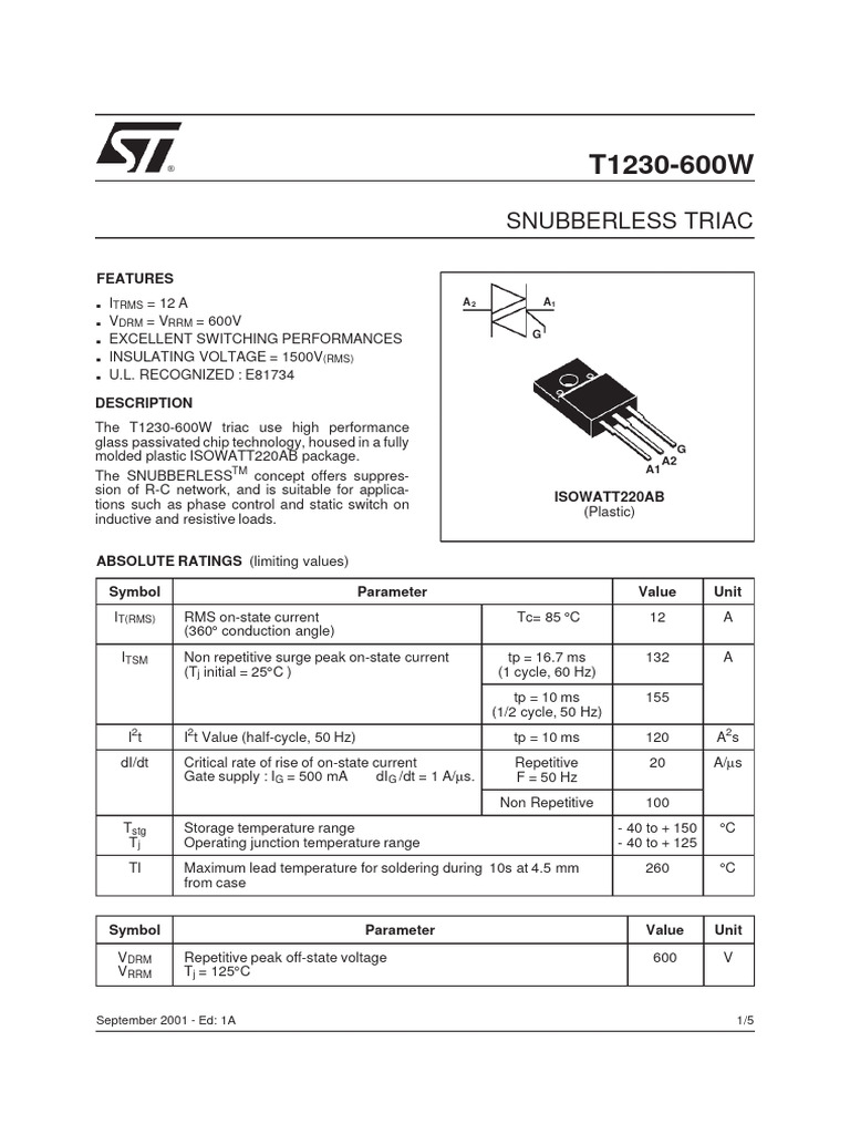 T1230-600W Snubberless Triac Datasheet | PDF | Manufactured Goods ...