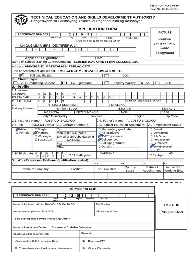 Application Form EMS NC III 2022 | PDF