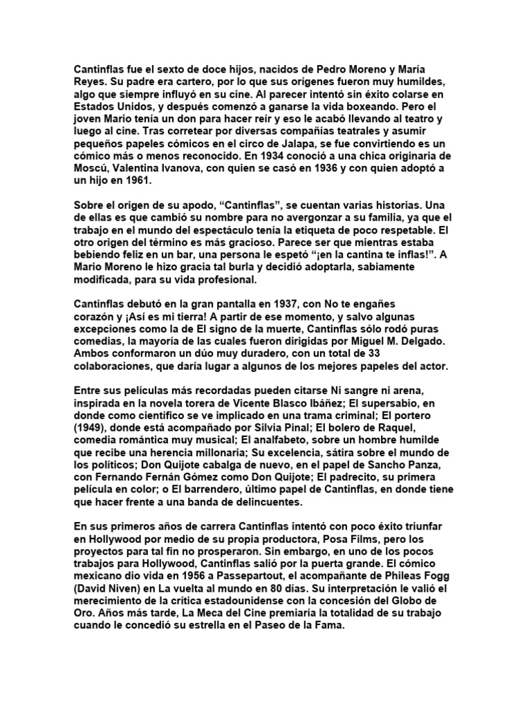 BIOGRAFIA DE Cantinflas Origen de Su Nombre | PDF | Clásicos