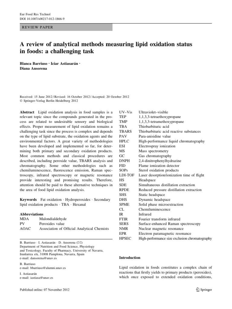 A Review of Analytical Methods Measuring Lipid Oxidation Status in Foods: A Challenging Task ...