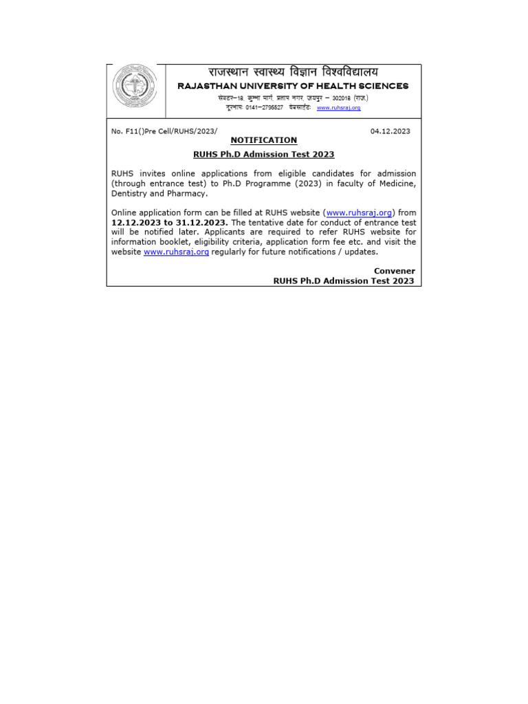 Notification PHD 2023 04.12.2023 5999 | PDF | Science & Mathematics