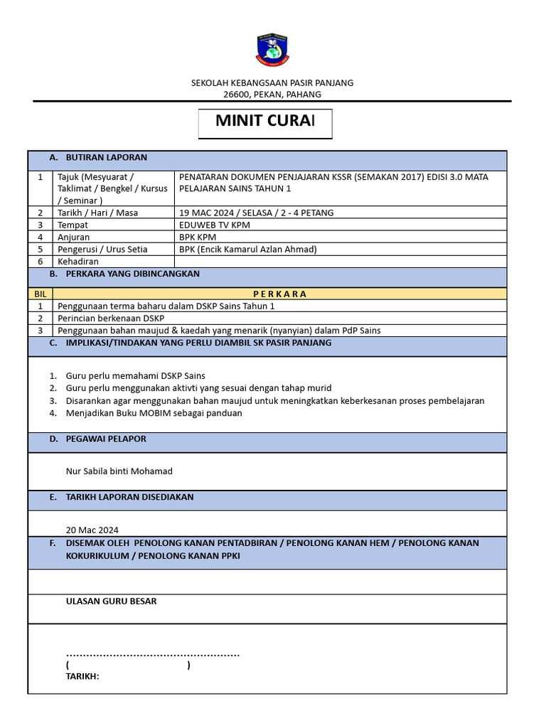 Minit Curai Penataran Dokumen Penjajaran KSSR (Sains) | PDF